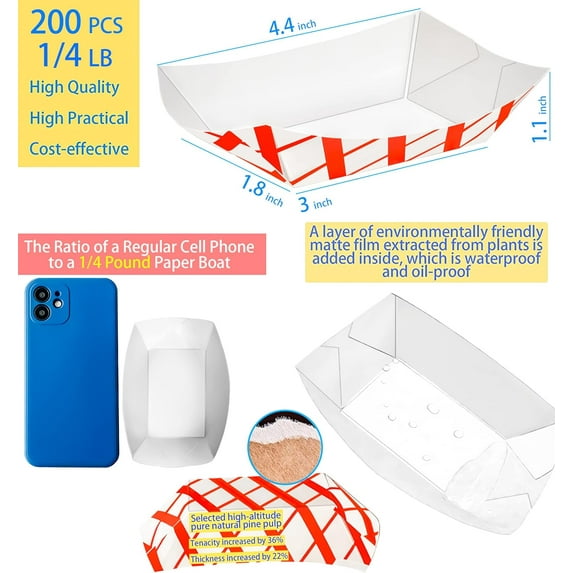 SHIQI-200 Pack Checkered 1/4Lb Paper Food Boat Trays Disposable Small ...