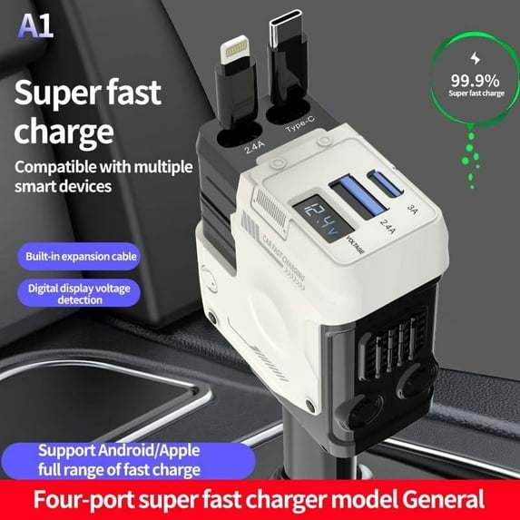 SHIQI-[2025 Upgraded]Retractable Car Charger 4 in 1, with 2 Cables ...
