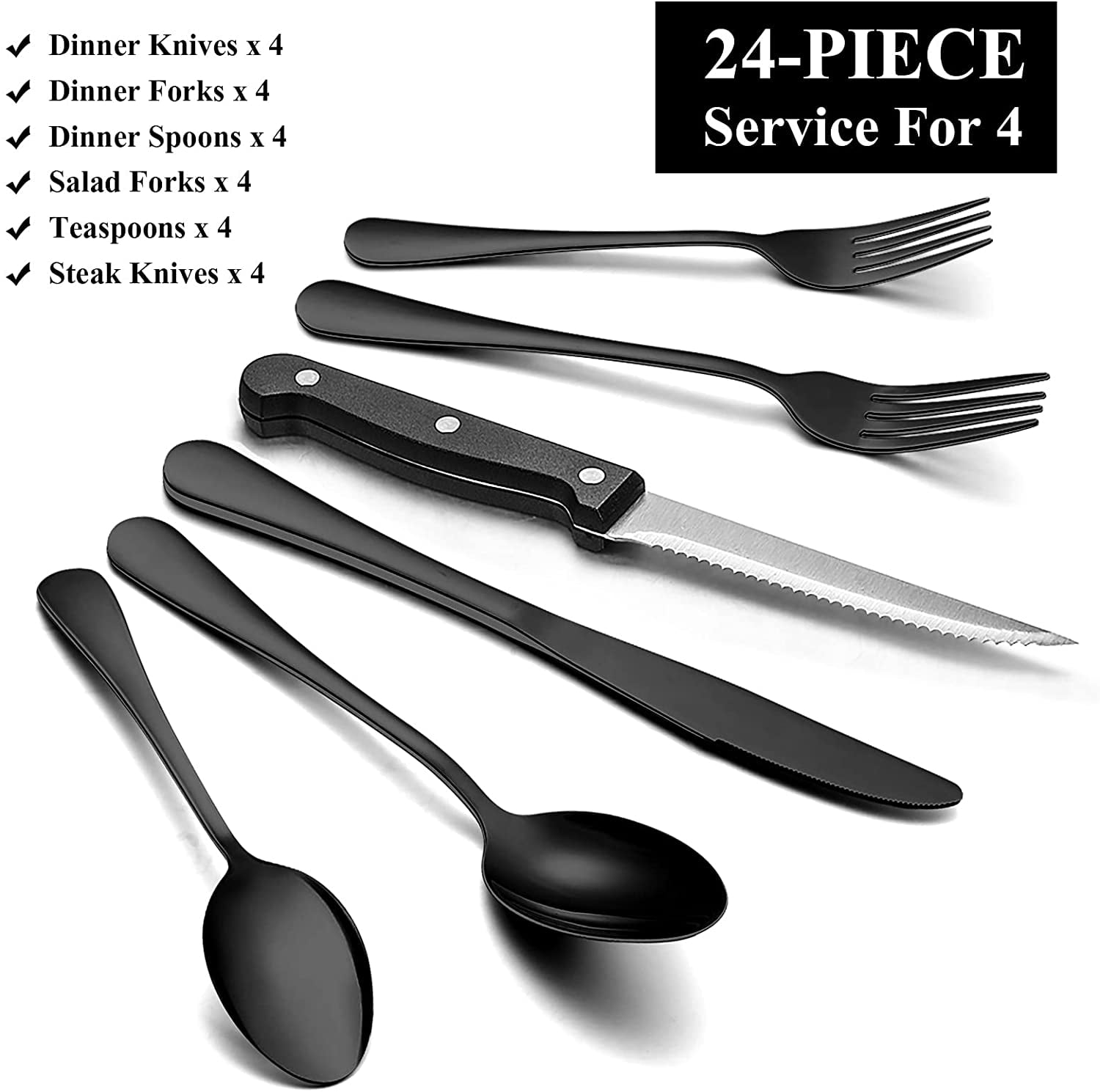 SHIQI-24-Piece Black Flatware Set with Steak Knives, Stainless Steel ...