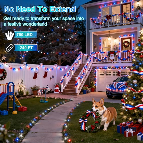 SHIQI-240FT 750LED Christmas Lights,12 Modes Red Blue and White Outdoor ...