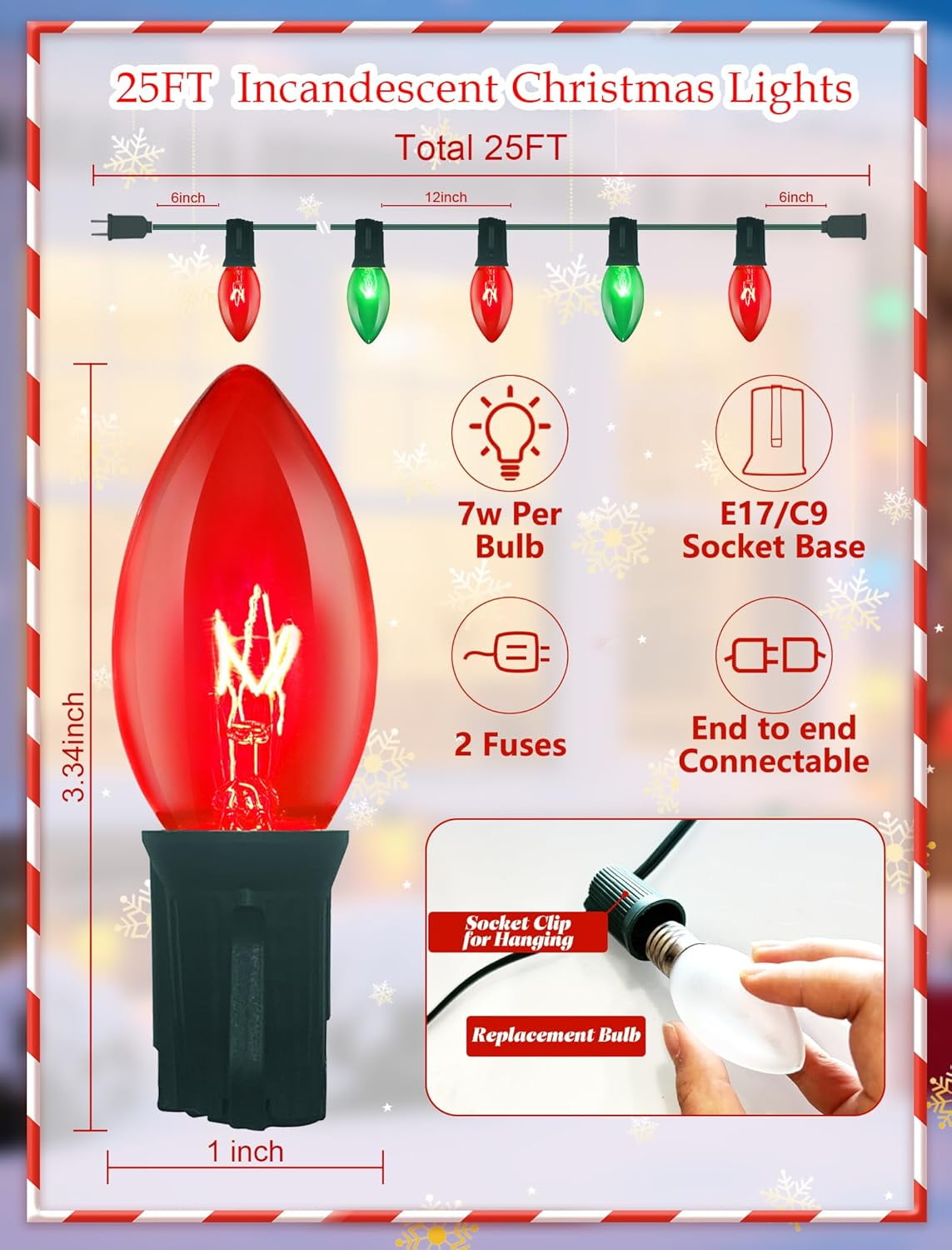 SHIQI-25 FT C9 Vintage Incandescent Christmas Lights Outdoor,Christmas ...