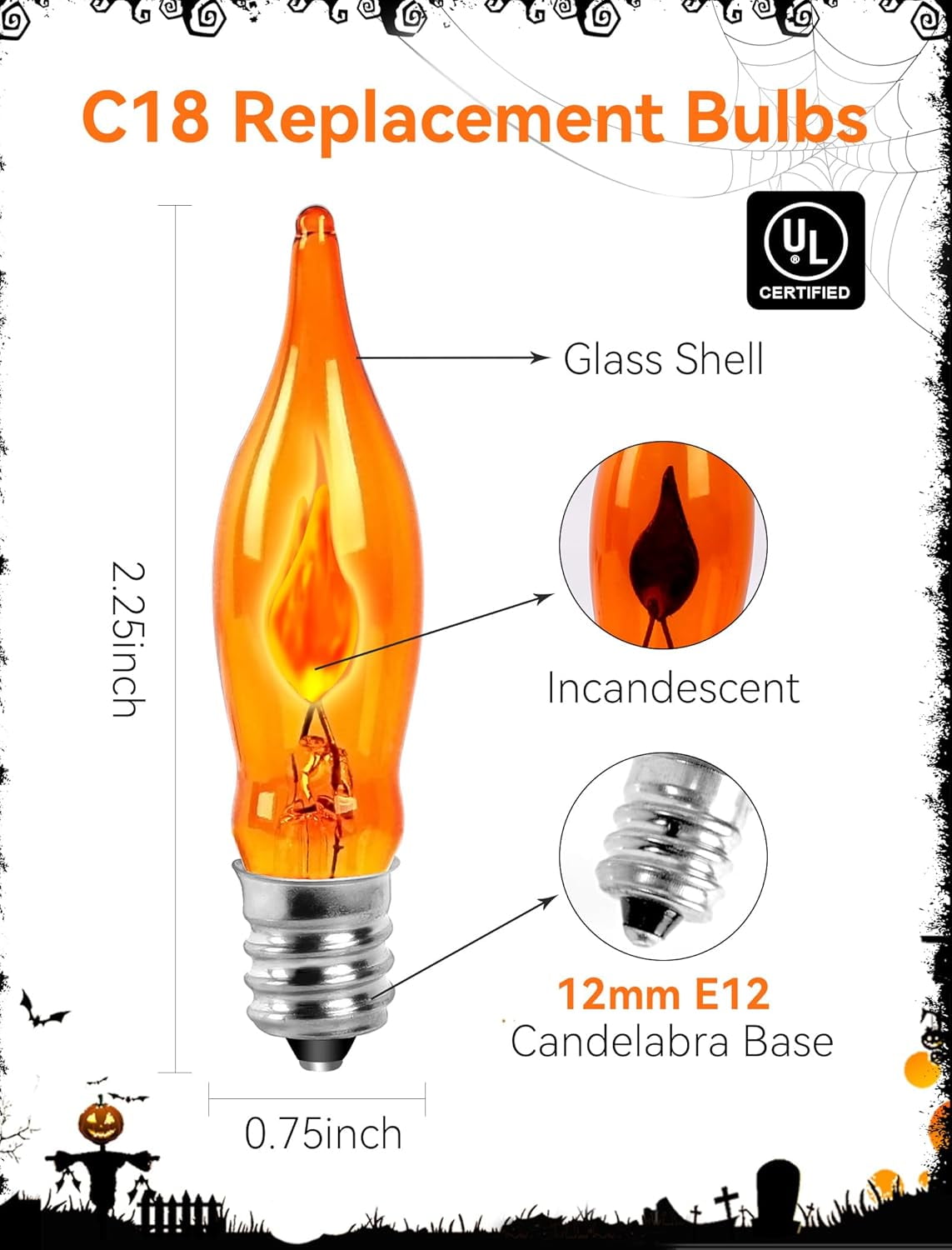 SHIQI-25-Pack Amber Flame Light Bulbs, Vintage C18 Frosted Glass Bulb ...