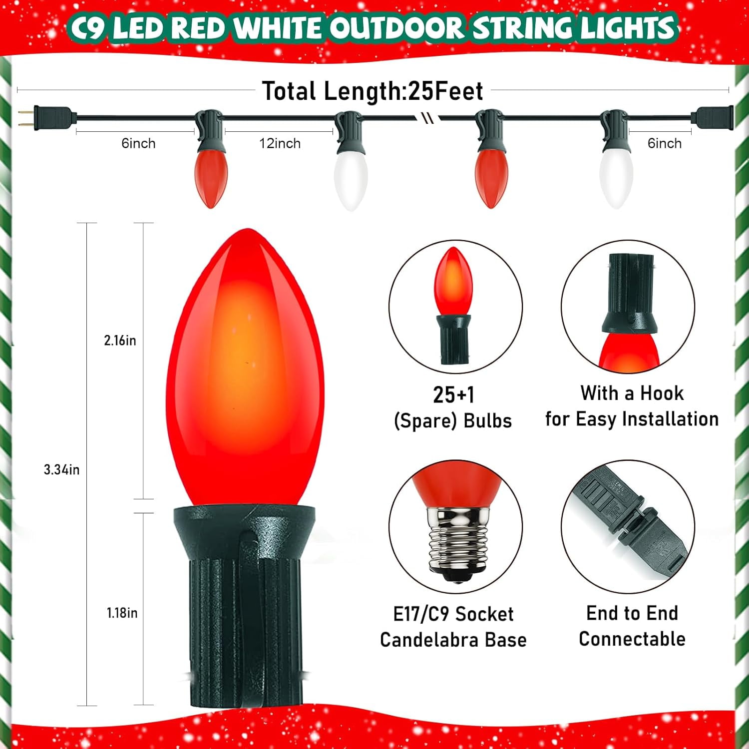 SHIQI-25FT Red and White LED Christmas Lights,LED Christmas Lights with ...