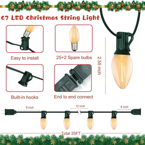 SHIQI-25Ft C7 LED Christmas Lights, Outdoor Christmas String Lights ...