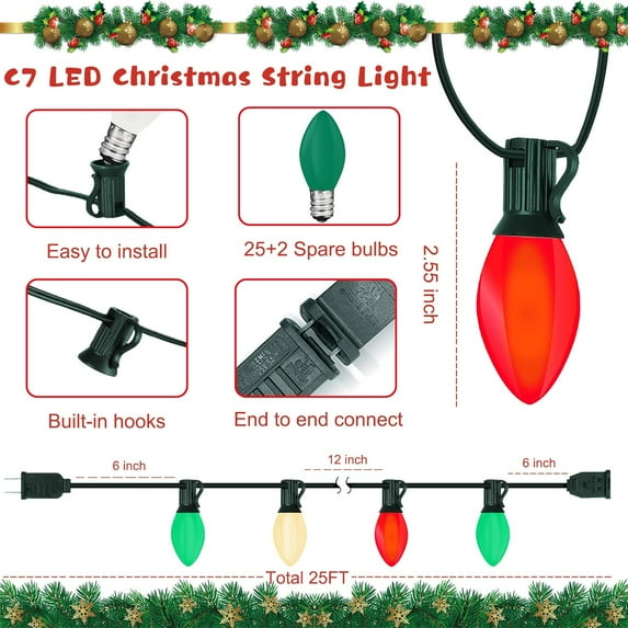 SHIQI-25Ft C7 LED Red White and Green Christmas Lights, Outdoor ...