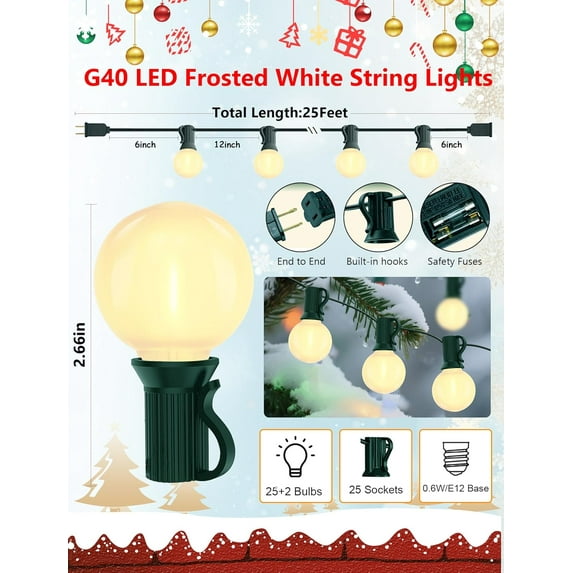 SHIQI-25Ft Outdoor Christmas Lights, Dimmable G40 LED Patio String ...