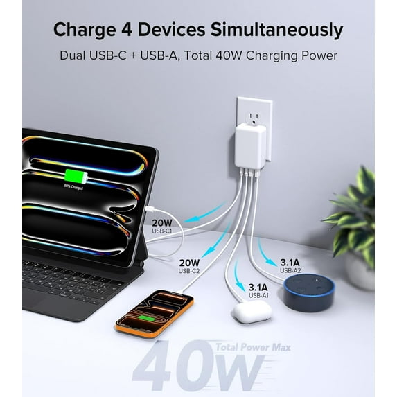 SHIQI-2Pack Flat USB C Wall Charger,40W 4Ports Foldable & Slim Fast ...
