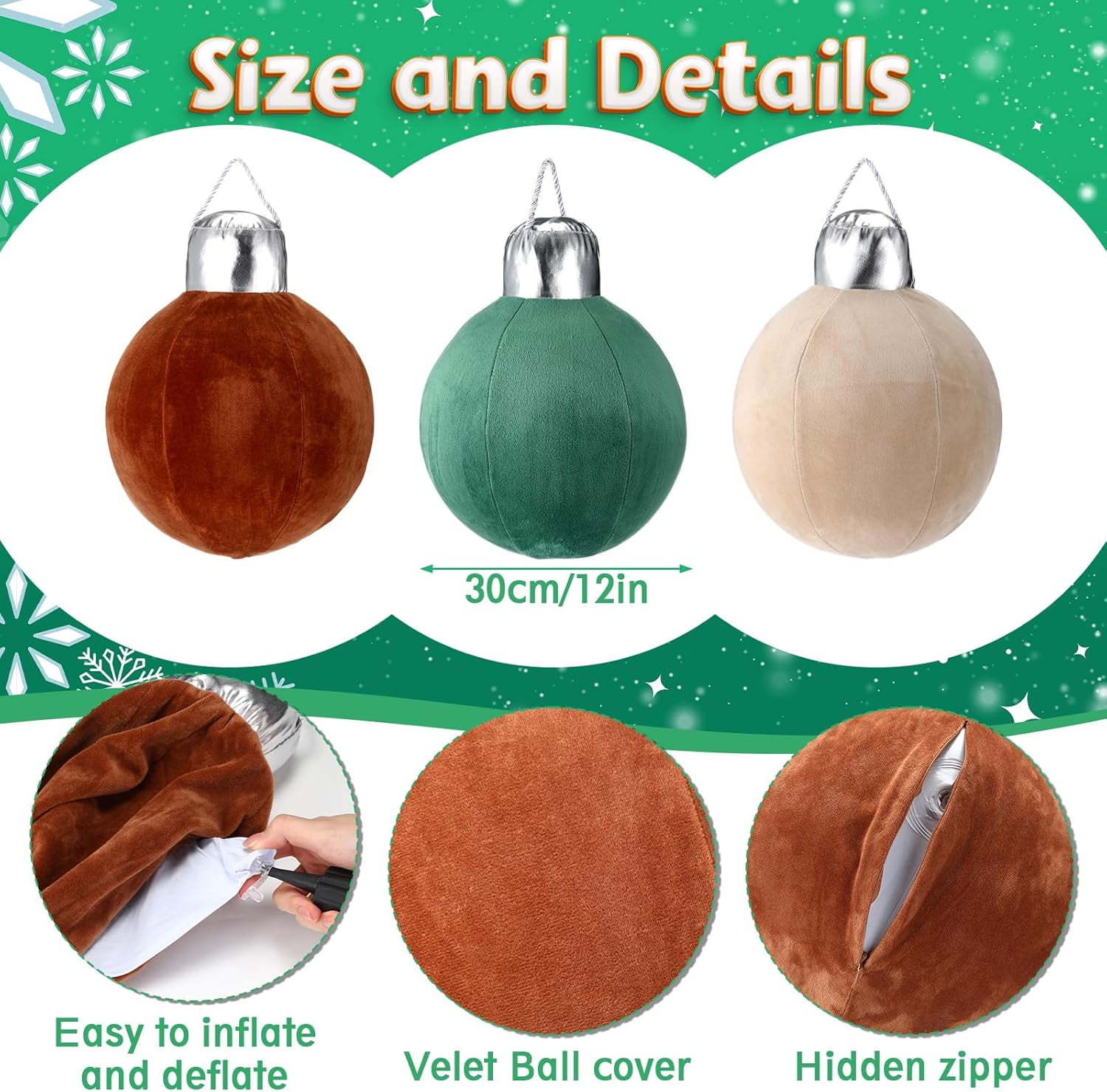 SHIQI-3 Pcs Giant Velvet Christmas Inflatable Balls Ornament 12 Inch ...