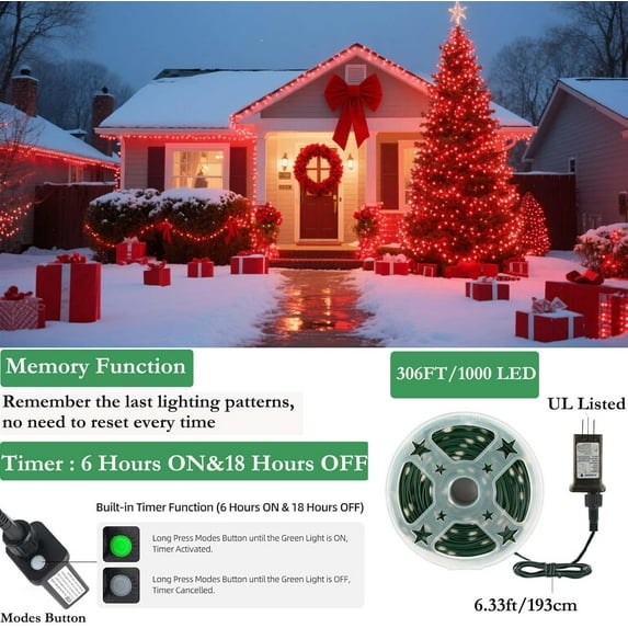 SHIQI-306FT 1000 LED Red Christmas Lights, 8 Modes Christmas Tree ...