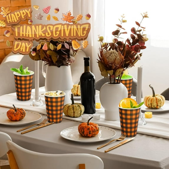 SHIQI-36 Pcs 12 oz Fall Plaid Paper Cups Thanksgiving Checkered Party ...