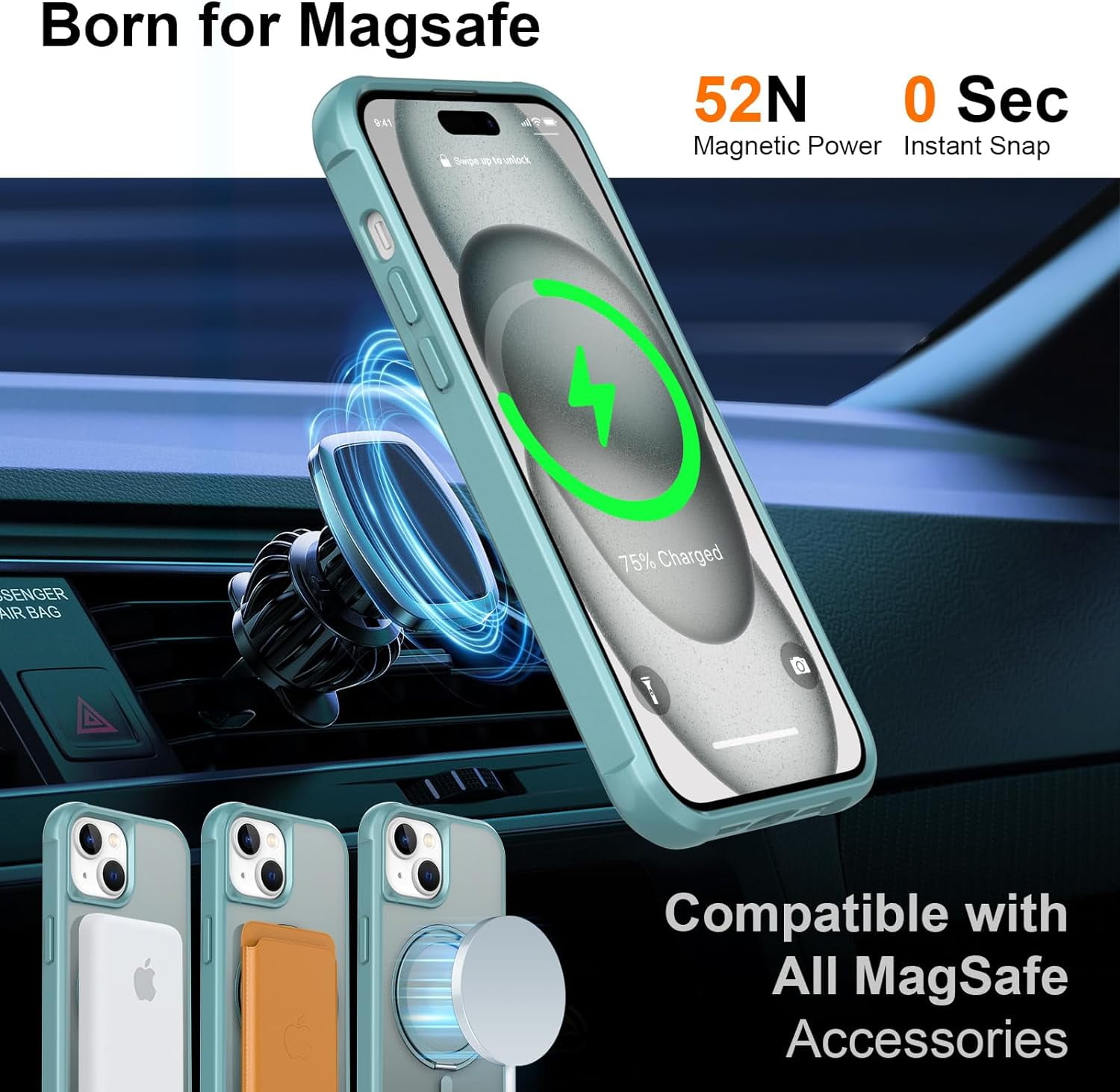 SHIQI-360° Magnetic Swivel Ring for iPhone 15 Plus case, Built-in Metal ...