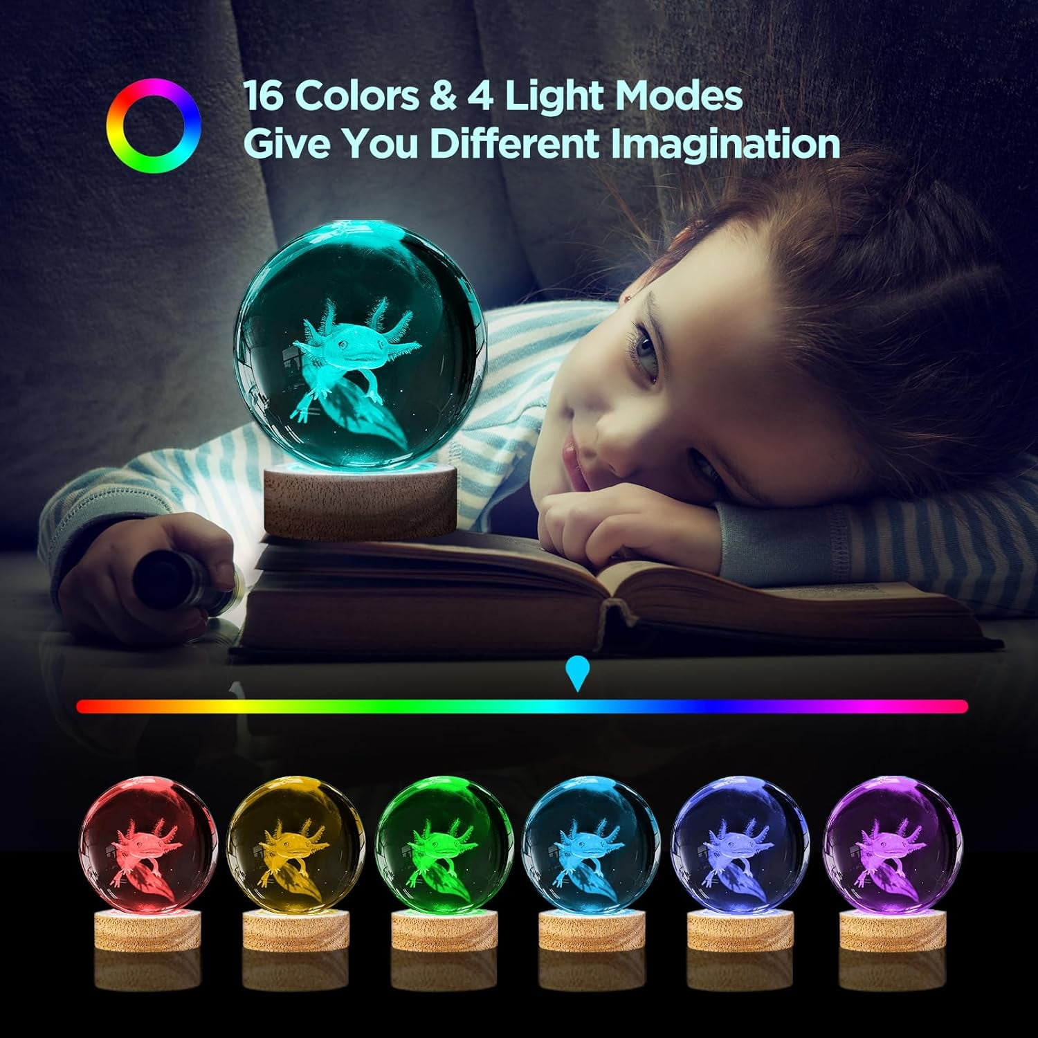 SHIQI-3D Axolotl Crystal Ball Night Light with LED Wooden Base Upgraded ...