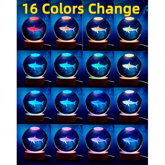 SHIQI-3D Crystal Ball Shark Lamp,Lifelike 3D LED Shark Night Light,16 ...