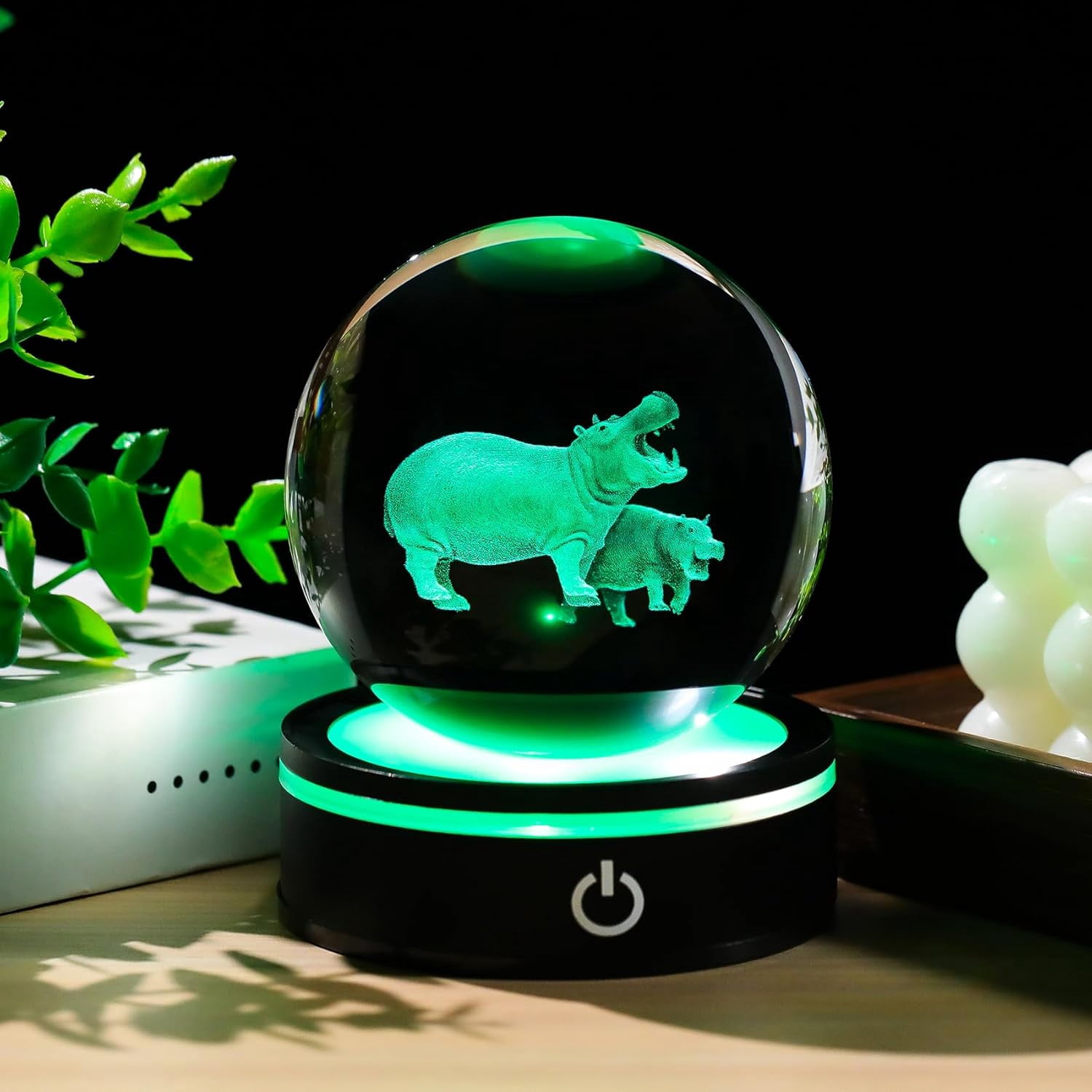 SHIQI-3D Hippo Crystal Ball Figurine with LED Base Laser Hippopotamus ...