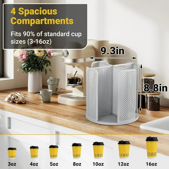 SHIQI-4-Compartment Rotating Paper Cup Holder & Coffee Cup Lid Storage ...