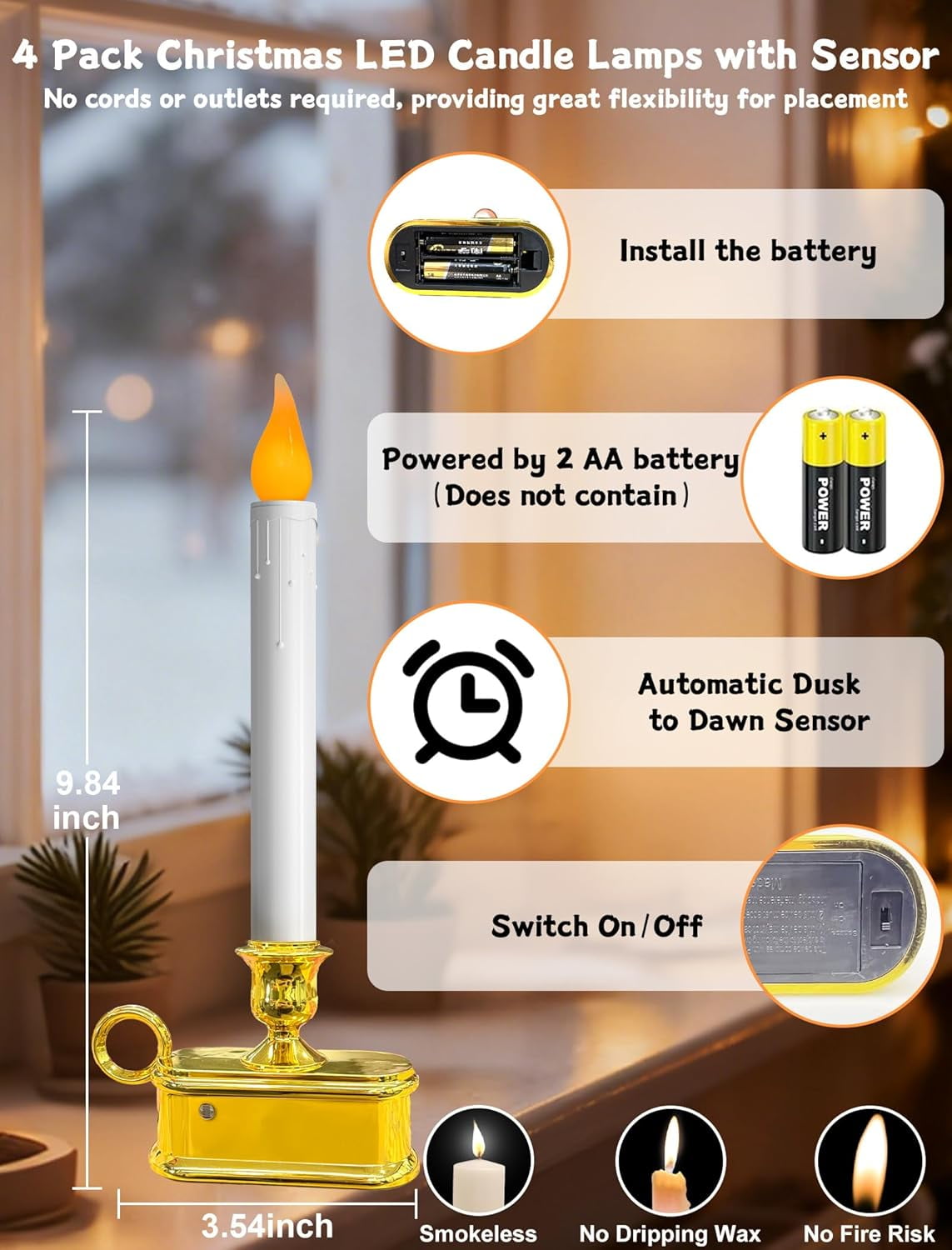 SHIQI-4 Pack Christmas Window Candle Lamps with Sensor Dusk to Dawn,10 ...