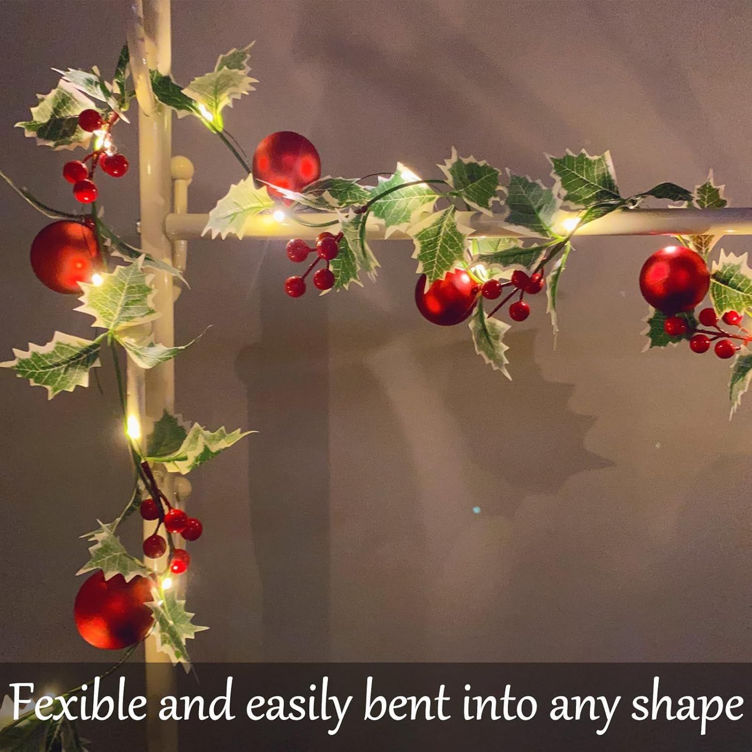 SHIQI-40 LED Christmas Garland with Lights, 6.5FT Red Berry Holly ...