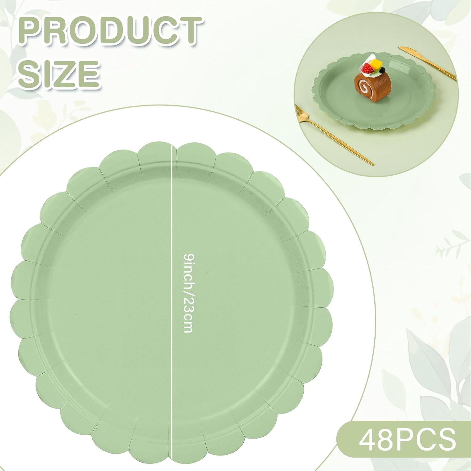 SHIQI-48 Pieces Sage Green Paper Plates 9 Inch Scalloped Dessert Plates ...