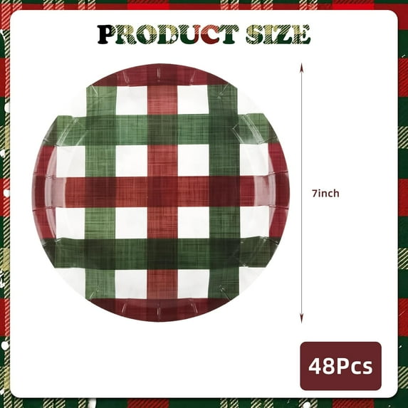 SHIQI-48Pcs Christmas Dessert Plates Red Green Gingham Disposable Paper ...