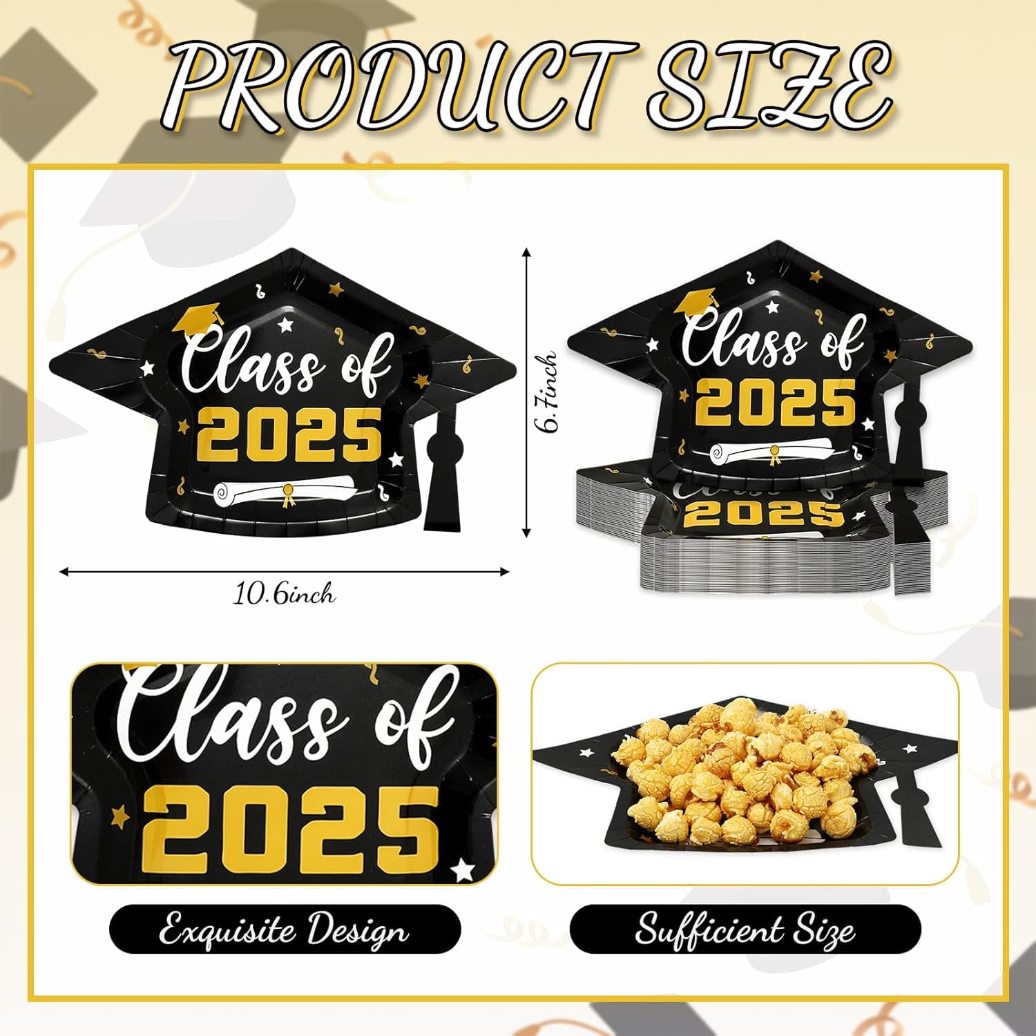 SHIQI-48Pcs Graduation Cap Paper Plate Class of 2025 Congrats Grad Hat ...
