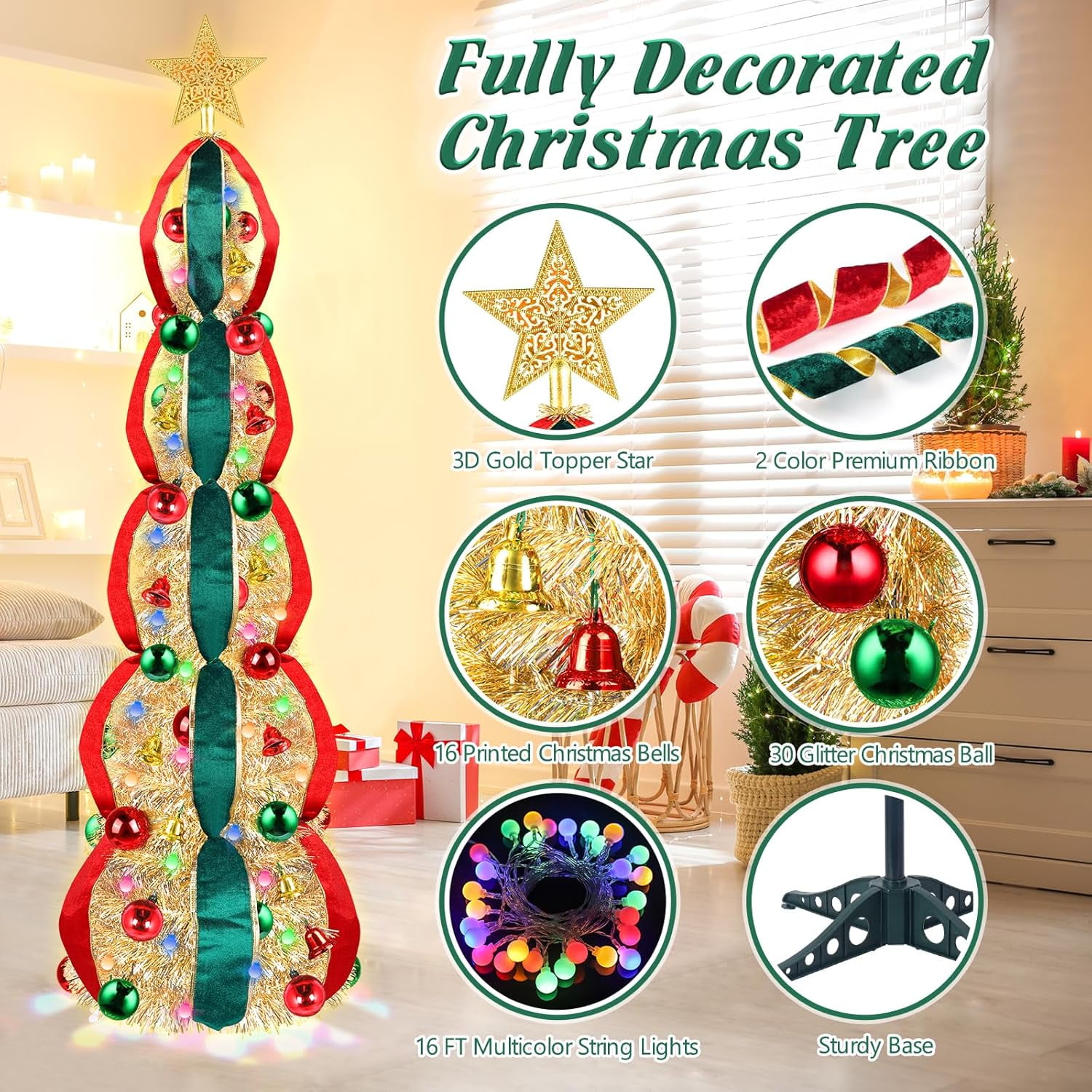 SHIQI-5 FT Collapsible Pop Up Christmas Tree, Pre Lit Pencil Tree with ...