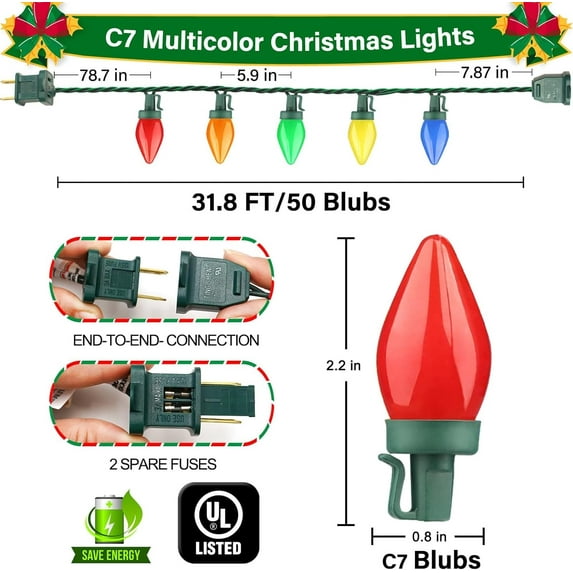 SHIQI-50 LED C7 Christmas Lights, 31FT C7 LED Christmas String Lights ...