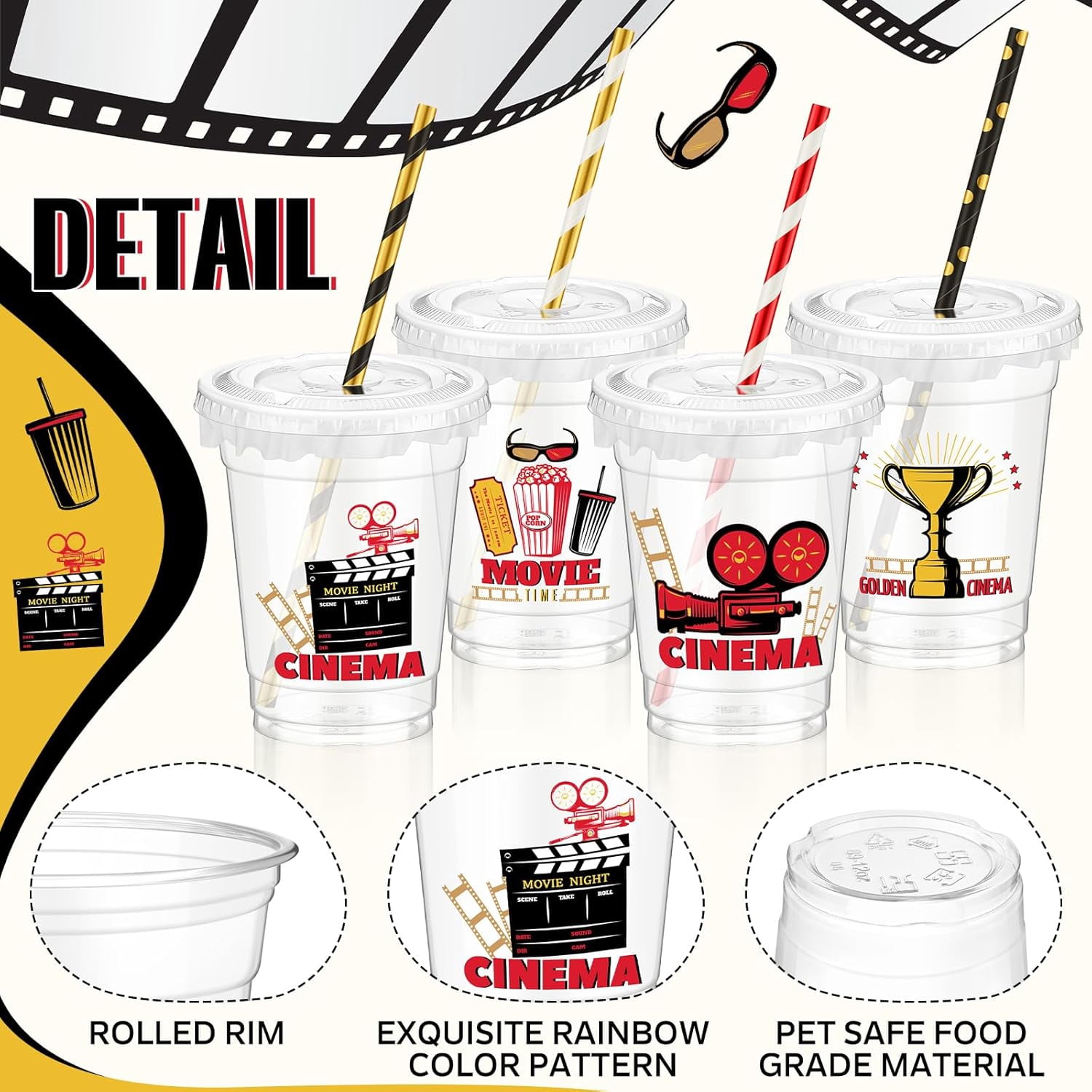 SHIQI-50 Pcs Movie Night Cups 12 oz Disposable Plastic Cups with Straws ...