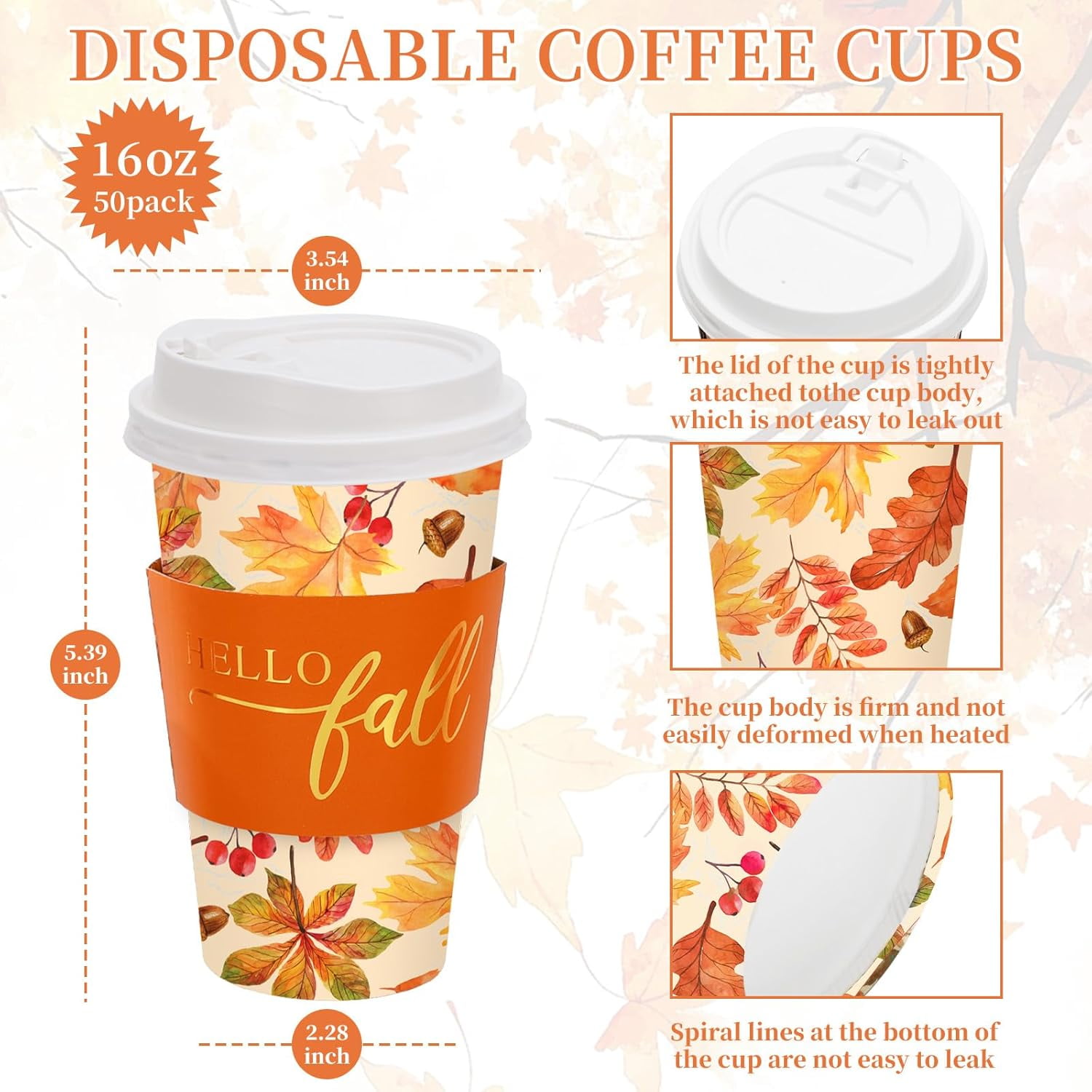 SHIQI-50 Sets Fall Leaves Coffee Cups with Lids and Sleeves 16oz Maple ...