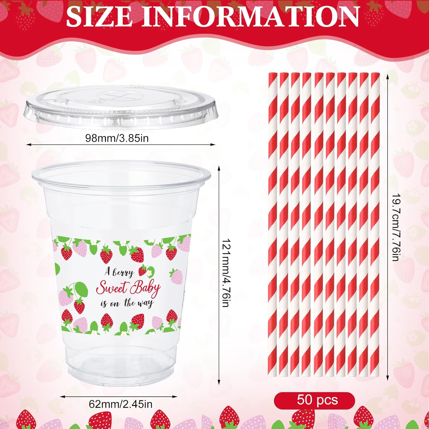 SHIQI-50 Sets Strawberry Disposable Plastic Cups with Straws Lids a ...