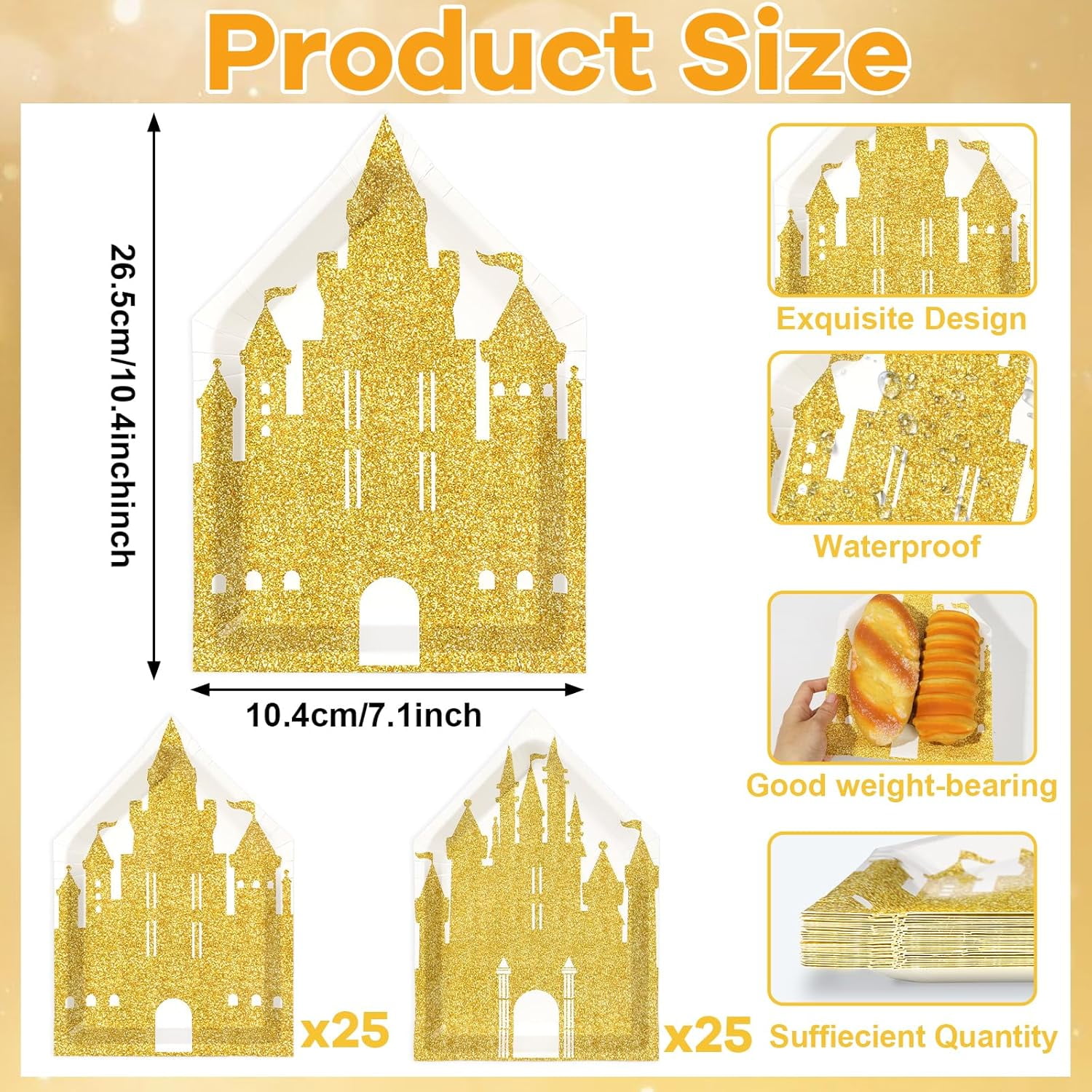 SHIQI-50Pcs 10 Inch Princess Castle Shaped Paper Plates Gold Glitter ...
