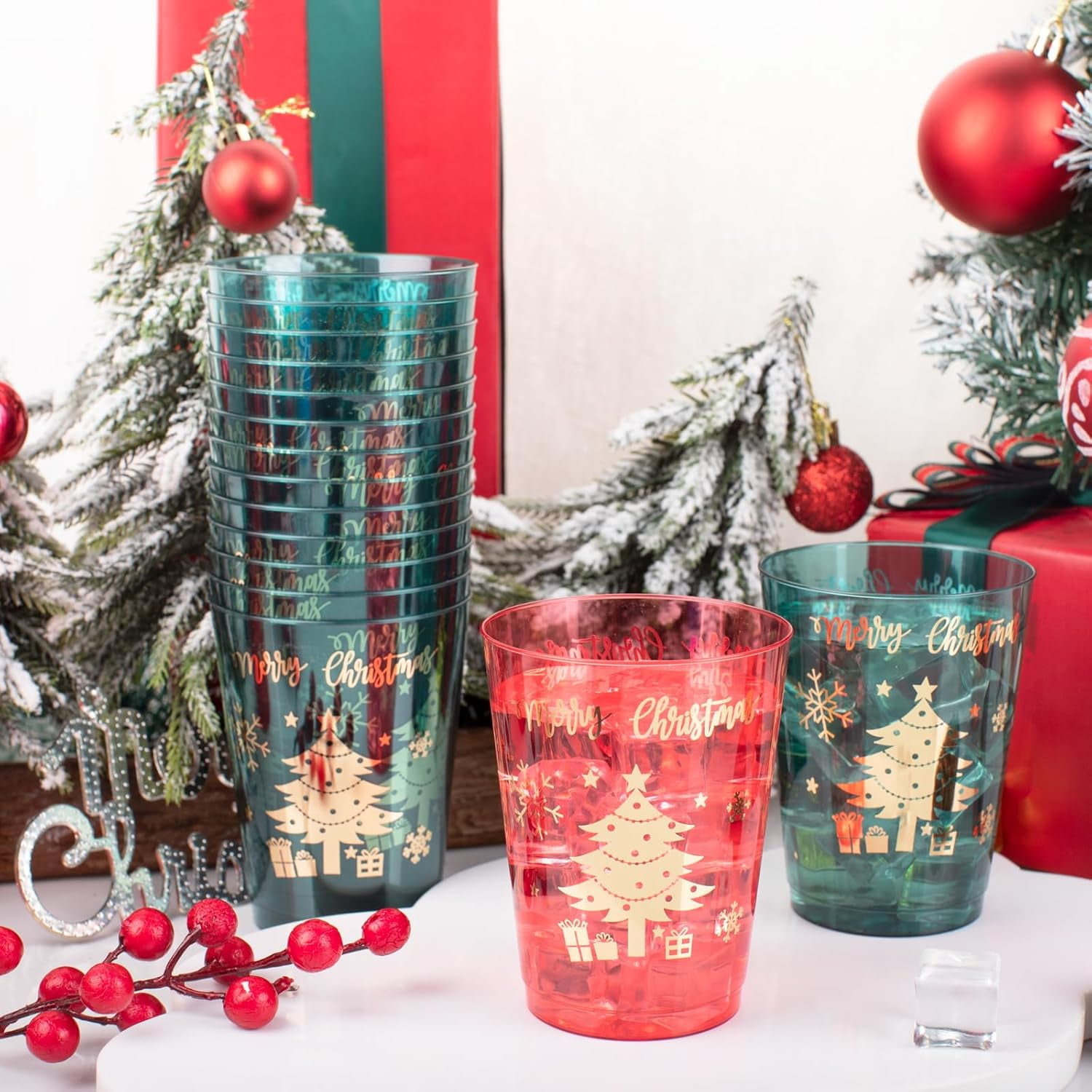 SHIQI-60 Pack Gold Christmas Plastic Cups Disposable, 10 Oz Clear Red ...
