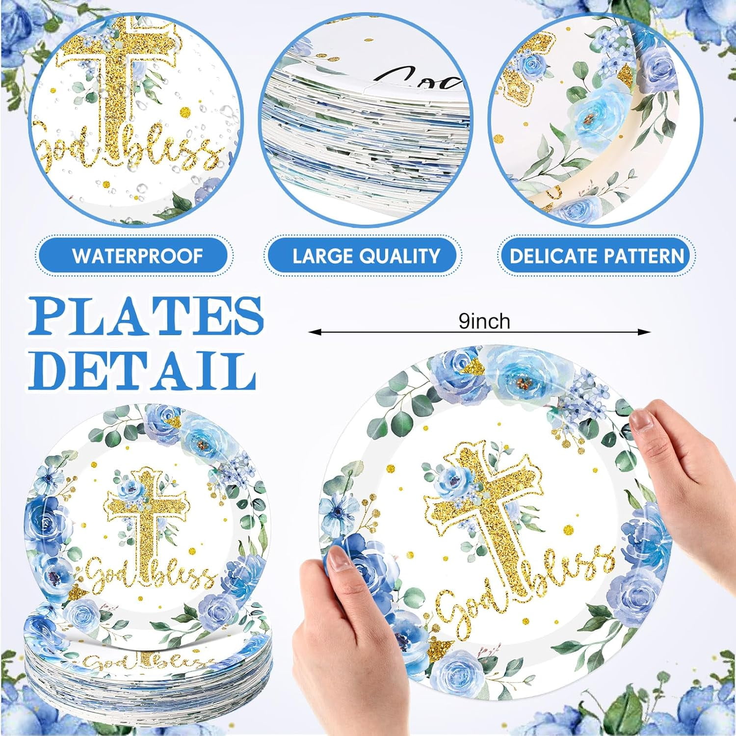 SHIQI-60 Pcs Baptism Cross Paper Plates 9 Inch God Bless Flower ...