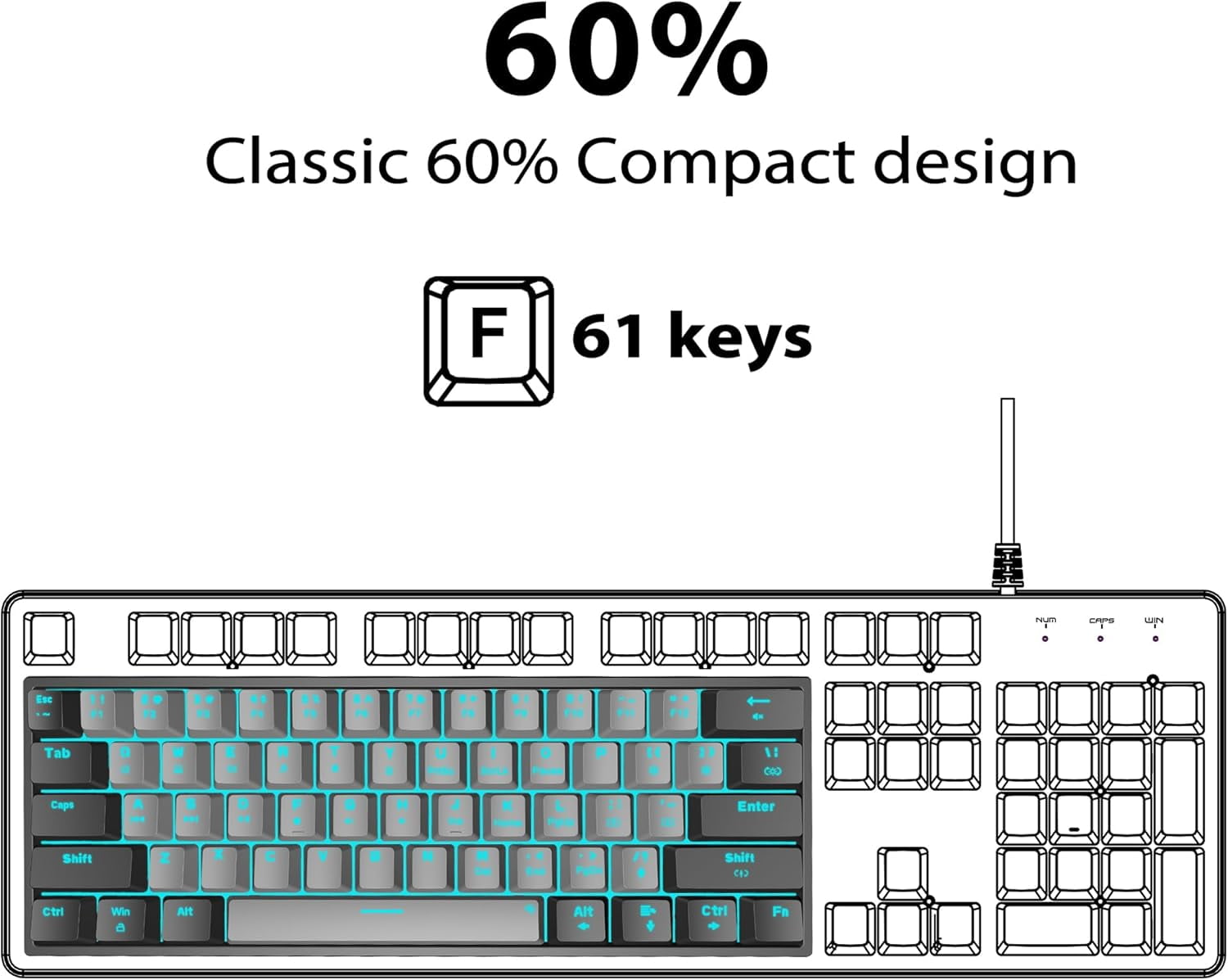 SHIQI-60% Wired Mechanical Gaming Keyboard, Ice Blue LED Backlit 61 ...