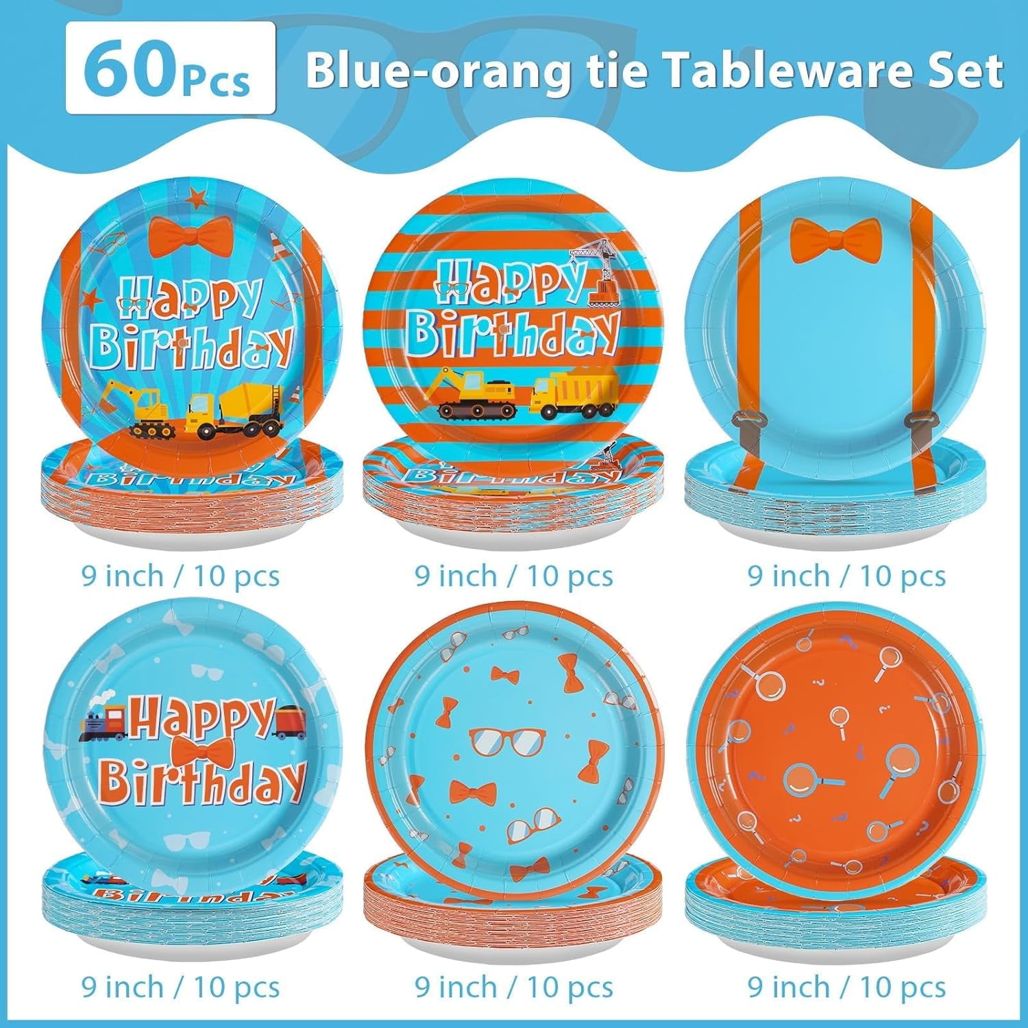 SHIQI-60Pcs Blue and Orange Tie Paper Plates 9" Disposable Heavy Duty ...