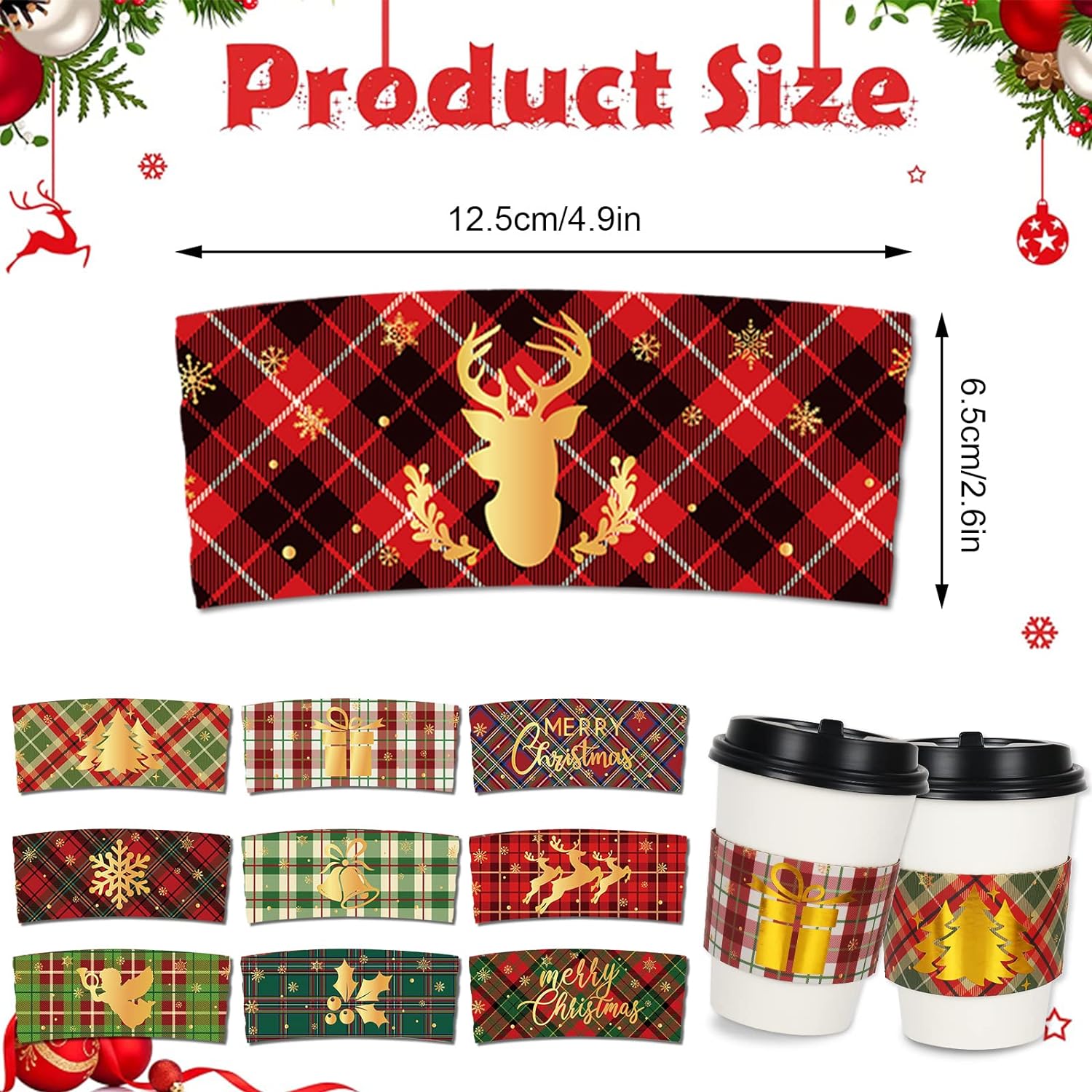 SHIQI-60Pcs Christmas Coffee Tea Cup Sleeves 10 Designs Buffalo Plaid ...