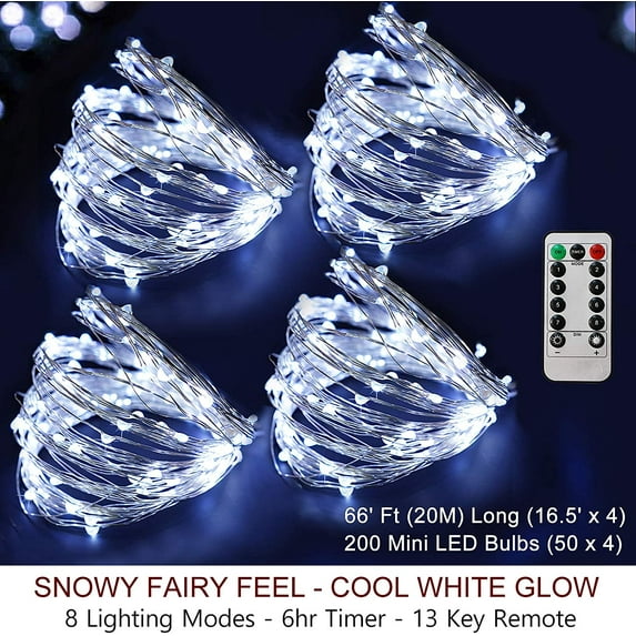 SHIQI-66 Ft 200 LED 8 Mode Christmas String Lights Cool White - Outdoor ...