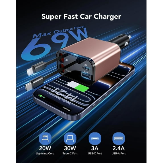 SHIQI-69W Retractable Car Charger, 4-in-1 Fast Car Phone Charger with 2 ...