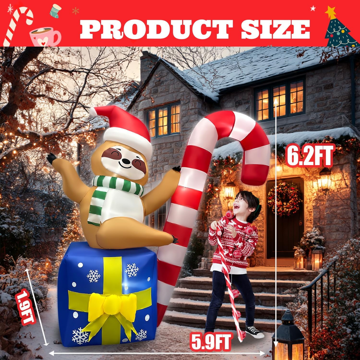 SHIQI-6ft Christmas Inflatable Sloth with Candy Cane Decorations Built ...