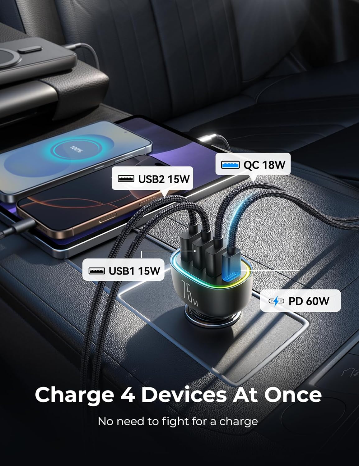 SHIQI-75W Car Charger USB C for iPhone 17, 4-Port Super Fast Cigarette ...