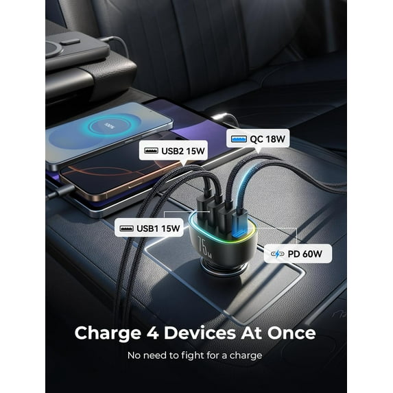 SHIQI-75W Car Charger USB C for iPhone 17, 4-Port Super Fast Cigarette ...