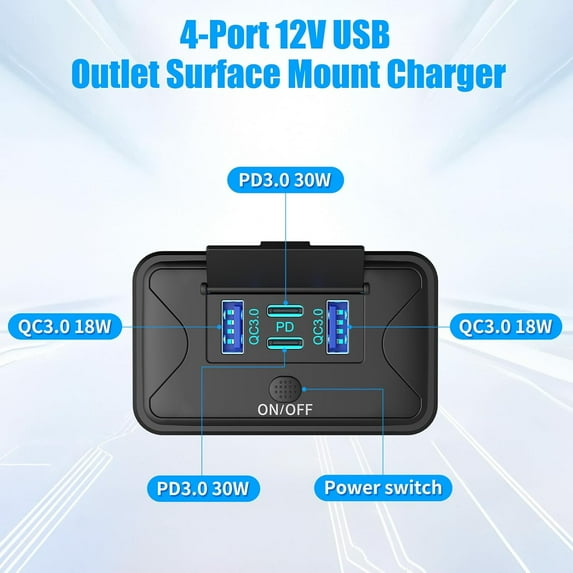 SHIQI-78W 4 Port 12V USB Outlet Wall Mount, Dual 36W PD & Dual 18W QC3 ...