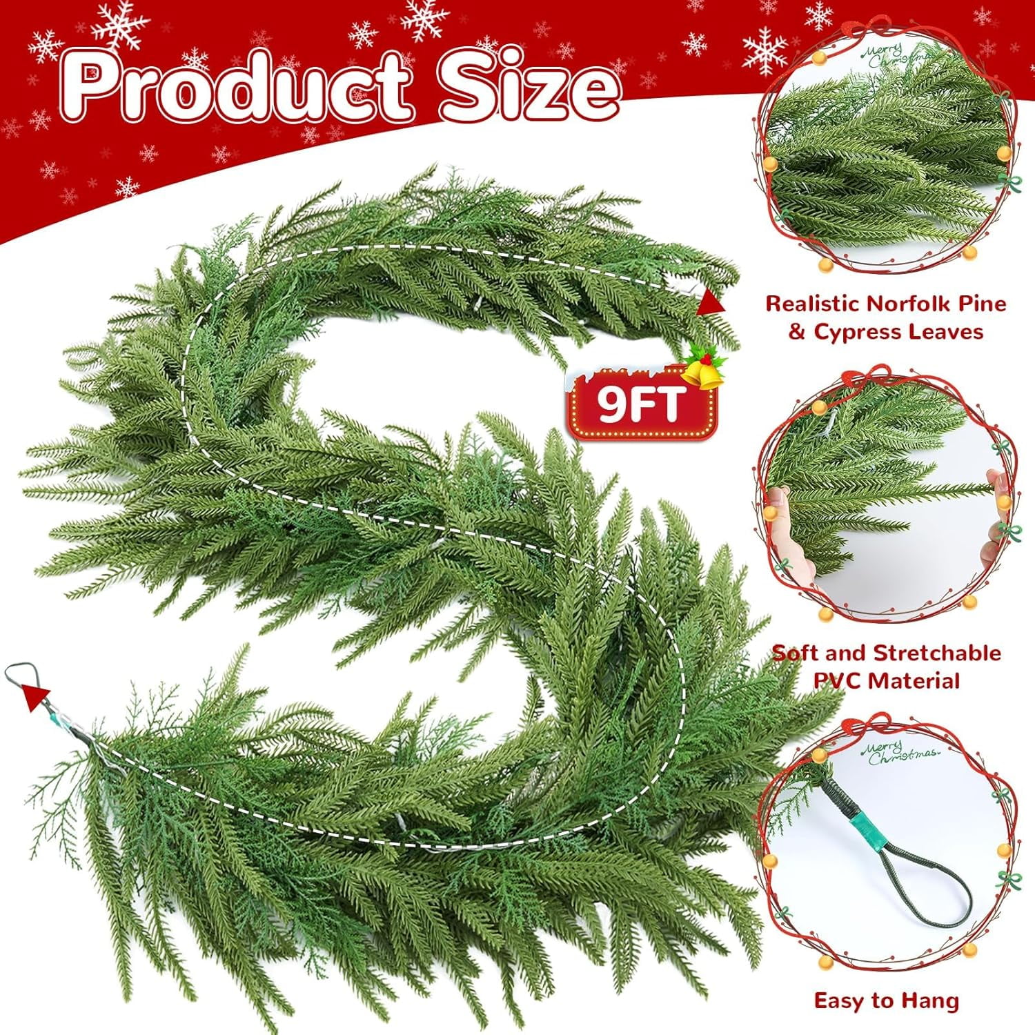 SHIQI-9 FT Christmas Garland Christmas Norfolk Pine & Cypress Garland ...