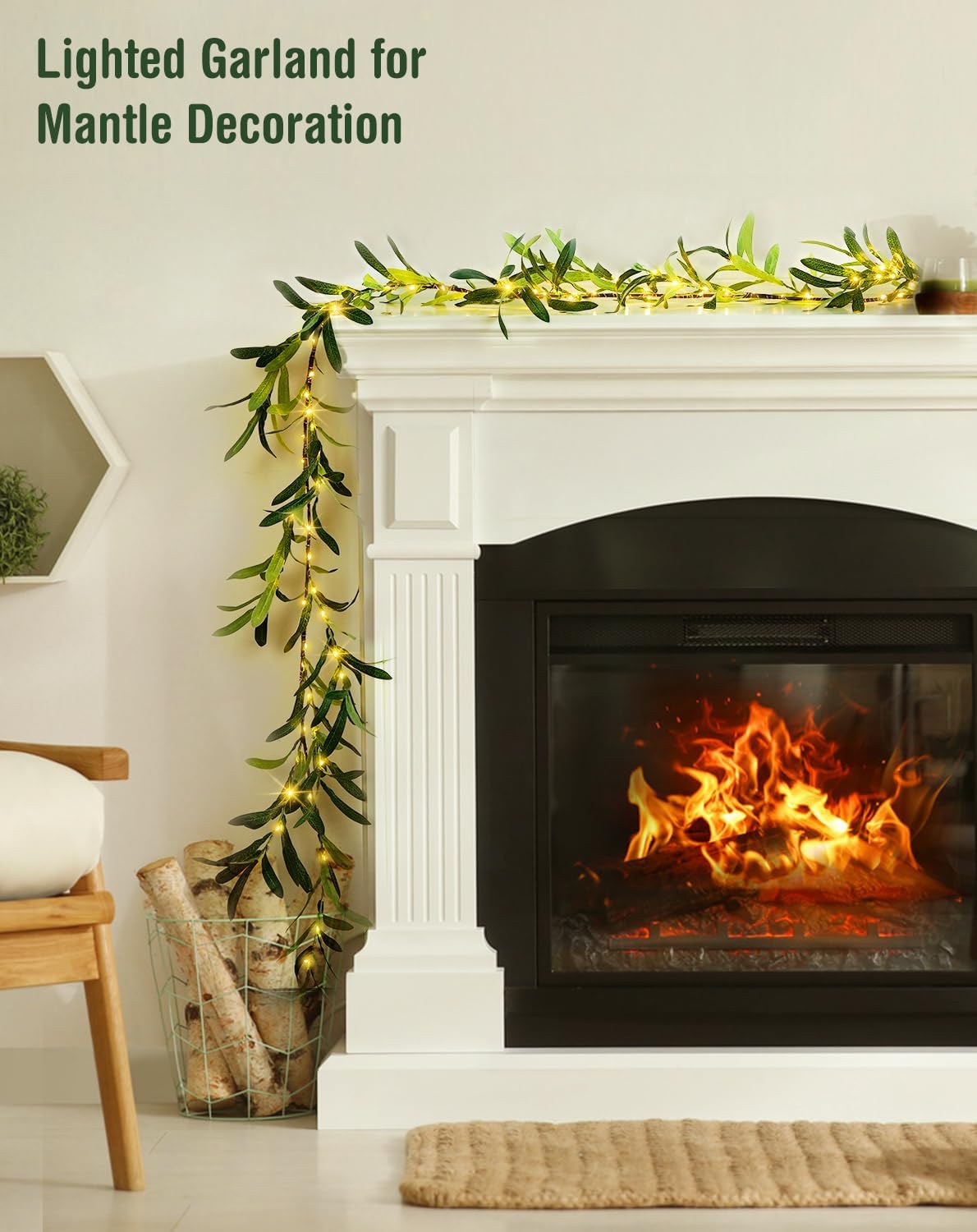 SHIQI-Artificial Olive Lighted Garland for Fireplace Decor, 100 LED 6 ...