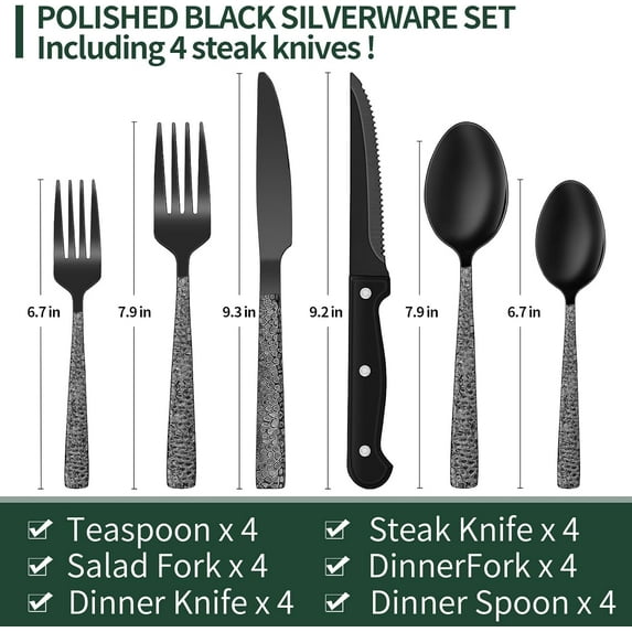 SHIQI-Black Hammered Silverware Set, 24-Piece Stainless Steel Square ...