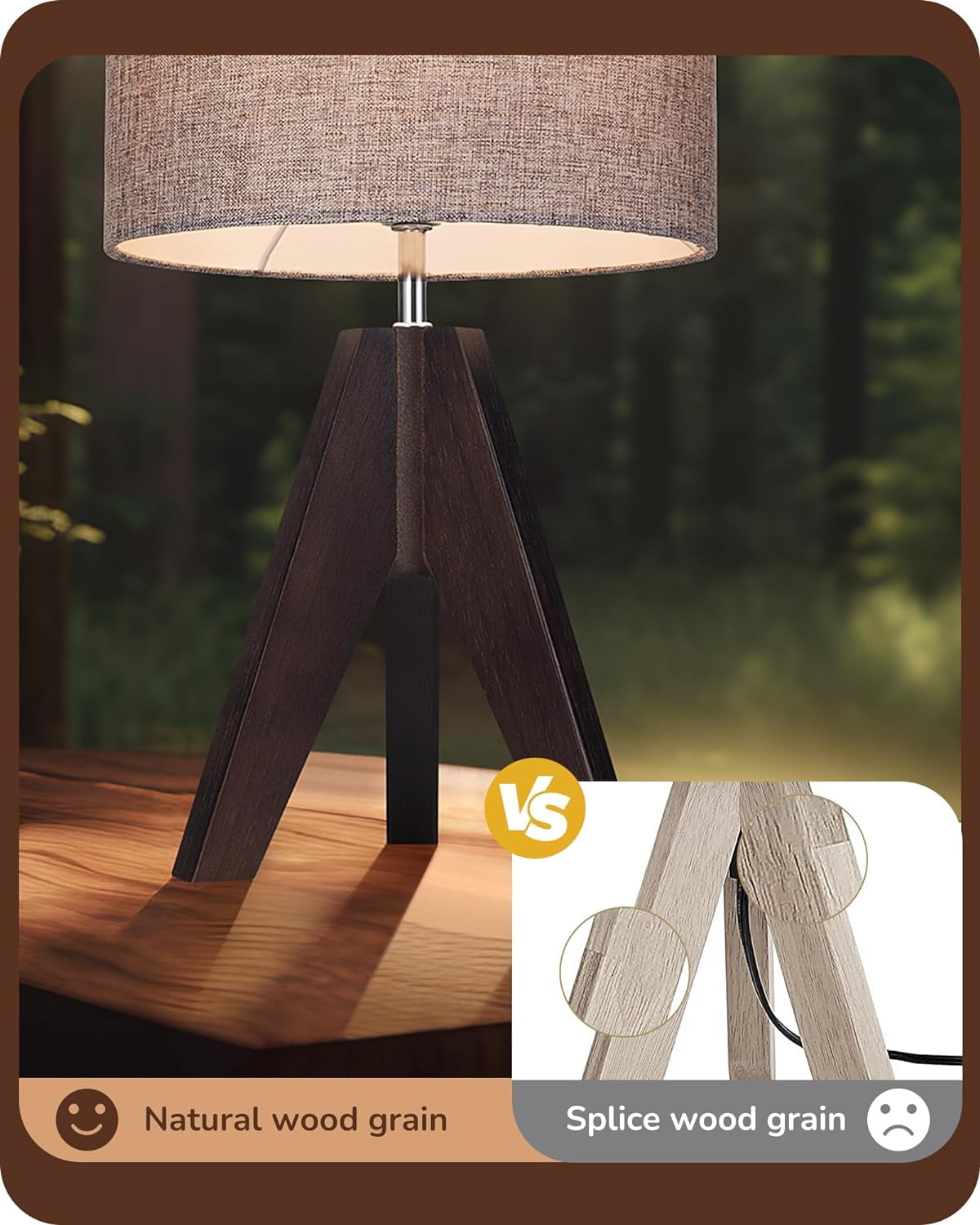 SHIQI-Boho Small Table Lamp, Walnut Color Wooden Tripod Bedside Lamp ...