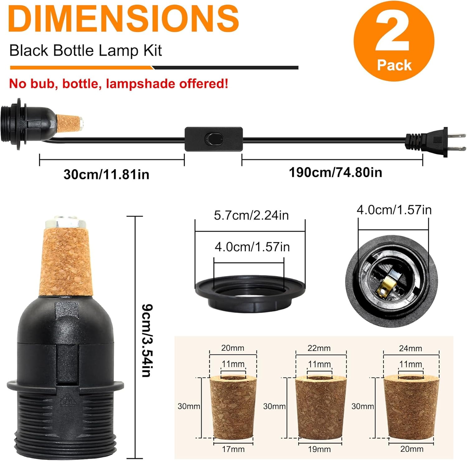 SHIQI-Bottle Lamp Adaptor Kit, 2 Pack DIY Fittings for Table Lamps, E27 ...