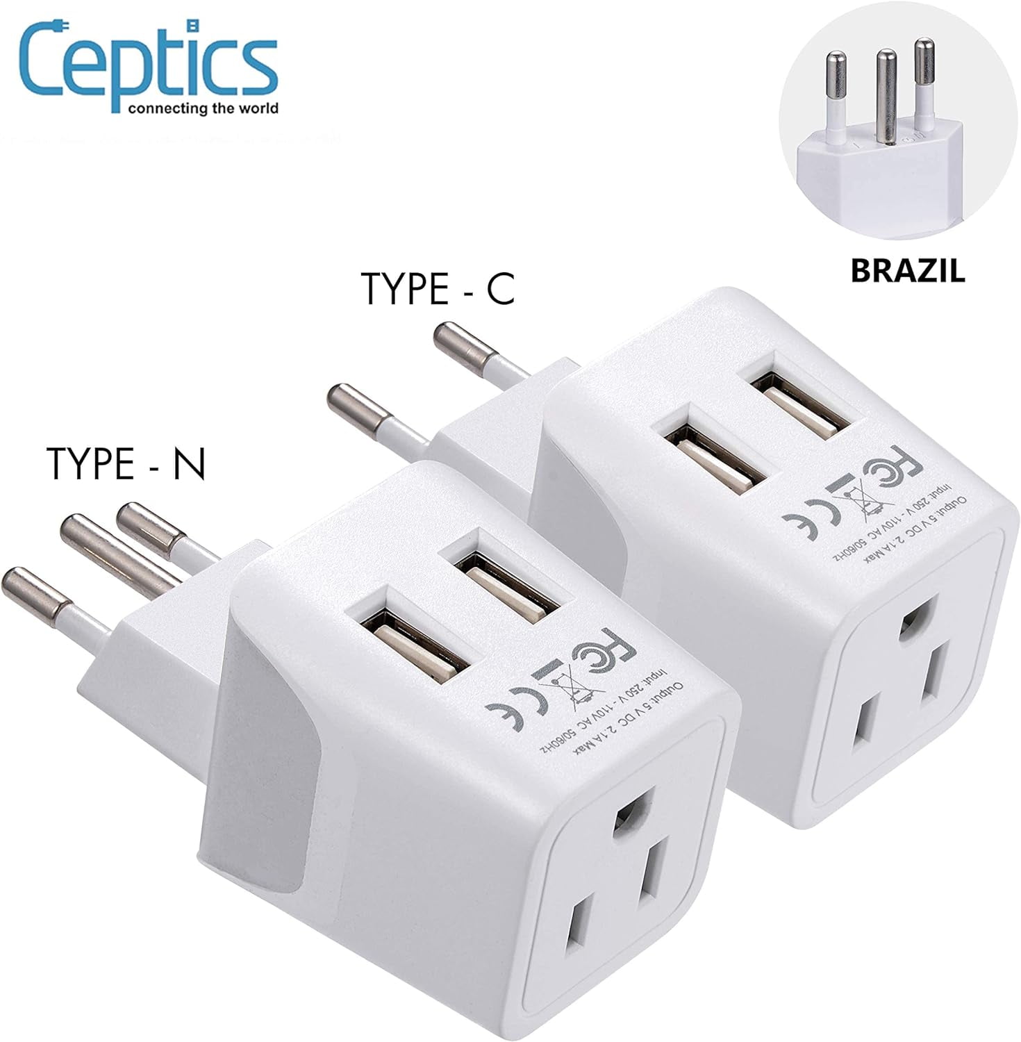 SHIQI-Brazil Travel Plug Set - with 2 USB + USA Socket Input - Type C ...