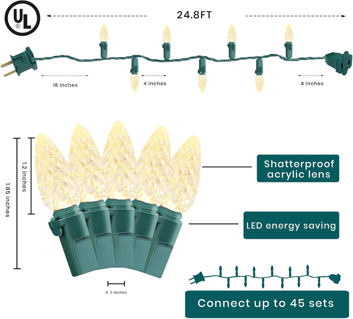 SHIQI-C6 LED Warm White Christmas Tree Lights – 70 Count, 24ft Green ...
