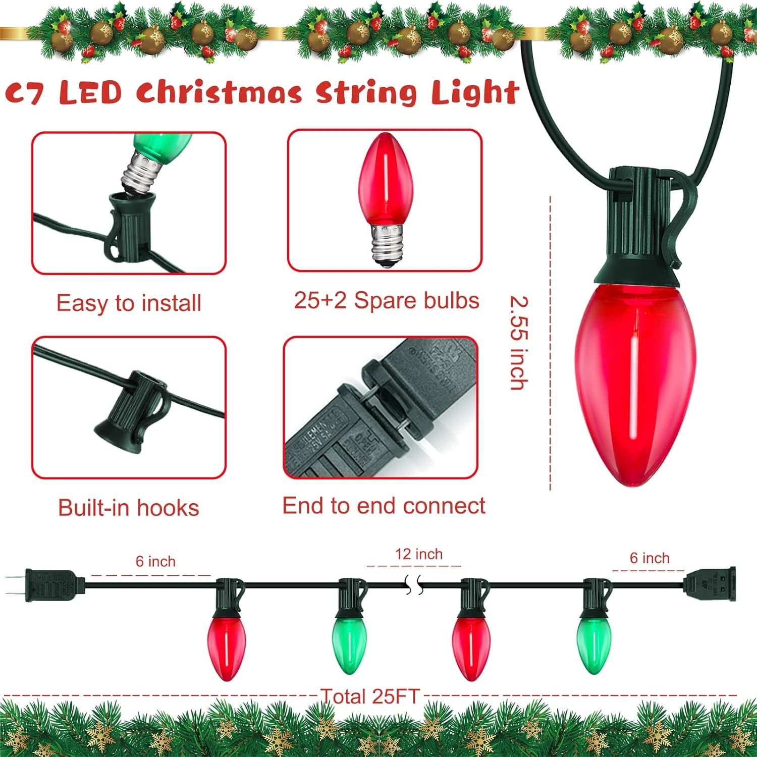 SHIQI-C7 Christmas Lights Outdoor 25Ft Vintage Christmas String Lights ...