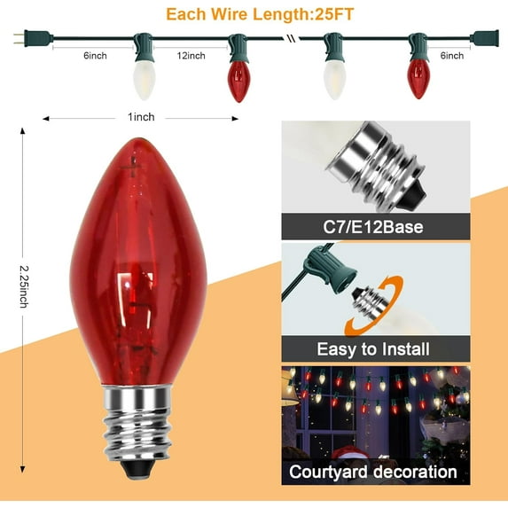 SHIQI-C7 LED Red and Frosted White Christmas Lights 25FT Outdoor ...